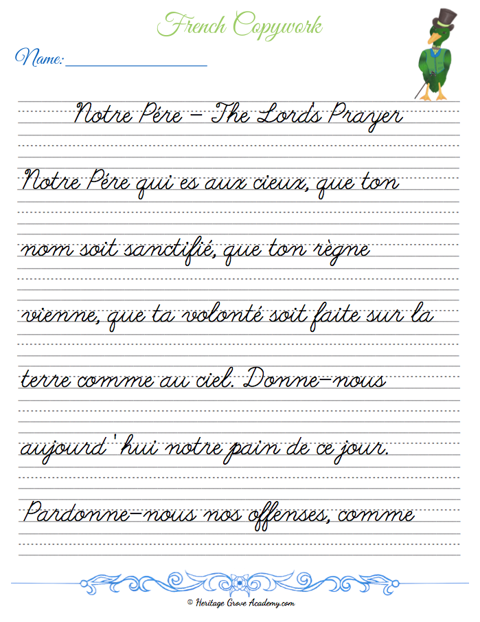 French Handwriting Copywork – Traditional Cursive – Heritage Grove Academy